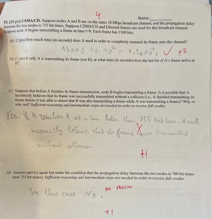 Solved P2. (15 pts) CSMA/CD. Suppose nodes A and B are on | Chegg.com