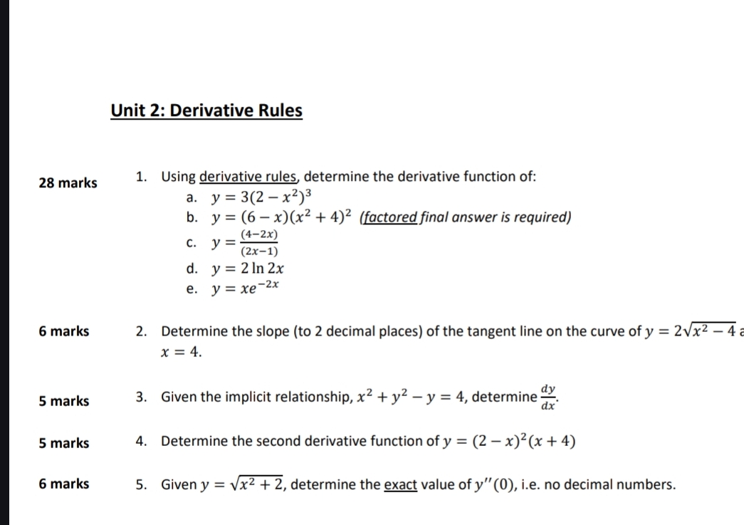 Solved Unit 2: Derivative Rules28 ﻿marks 1. ﻿Using | Chegg.com