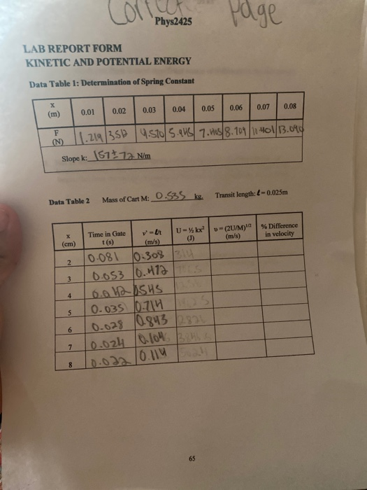 Solved Phys2425 LAB REPORT FORM KINETIC AND POTENTIAL ENERGY | Chegg.com