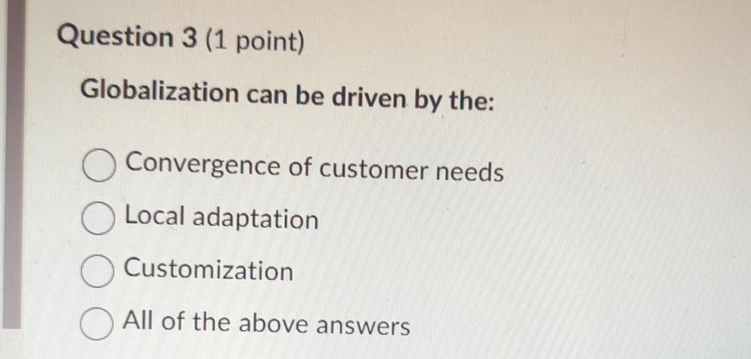 Solved Question 3 (1 ﻿point)Globalization can be driven by | Chegg.com