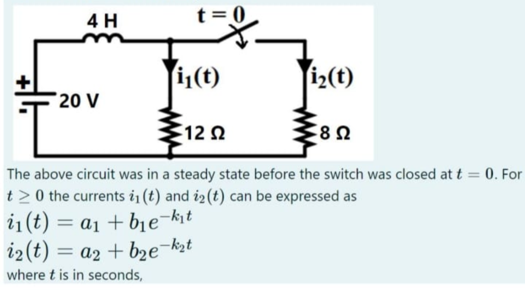 Solved 4H t=0 i1(t) iz(t) 20 V 12 12 8 Ω The above circuit | Chegg.com