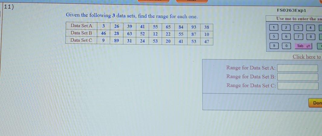 Solved 11) FS0263Exp1 Given the following 3 data sets, find | Chegg.com