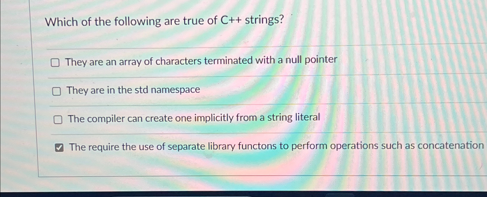 Solved Which of the following are true of C++ ﻿strings?They | Chegg.com