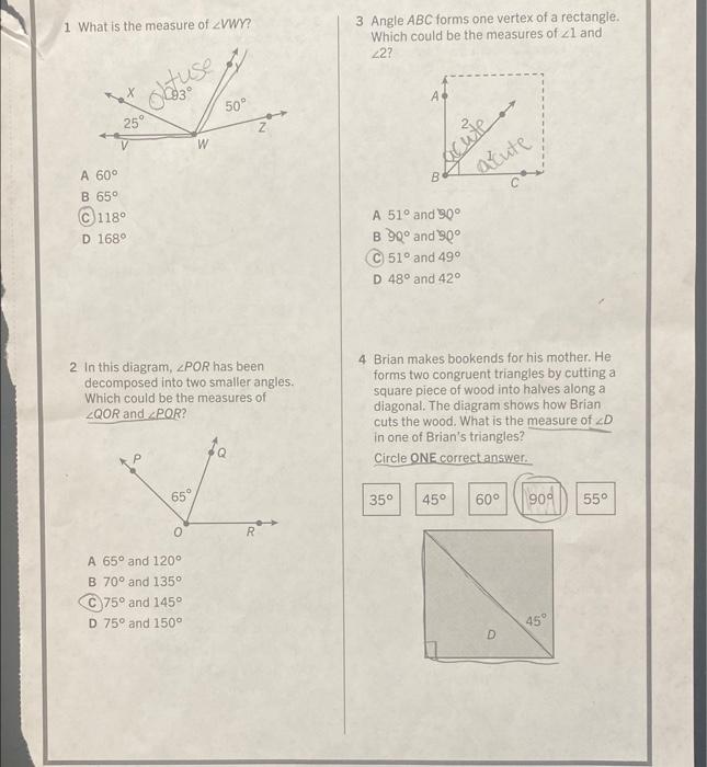 Solved 1 What is the measure of ∠VWY ? 3 Angle ABC forms one | Chegg.com