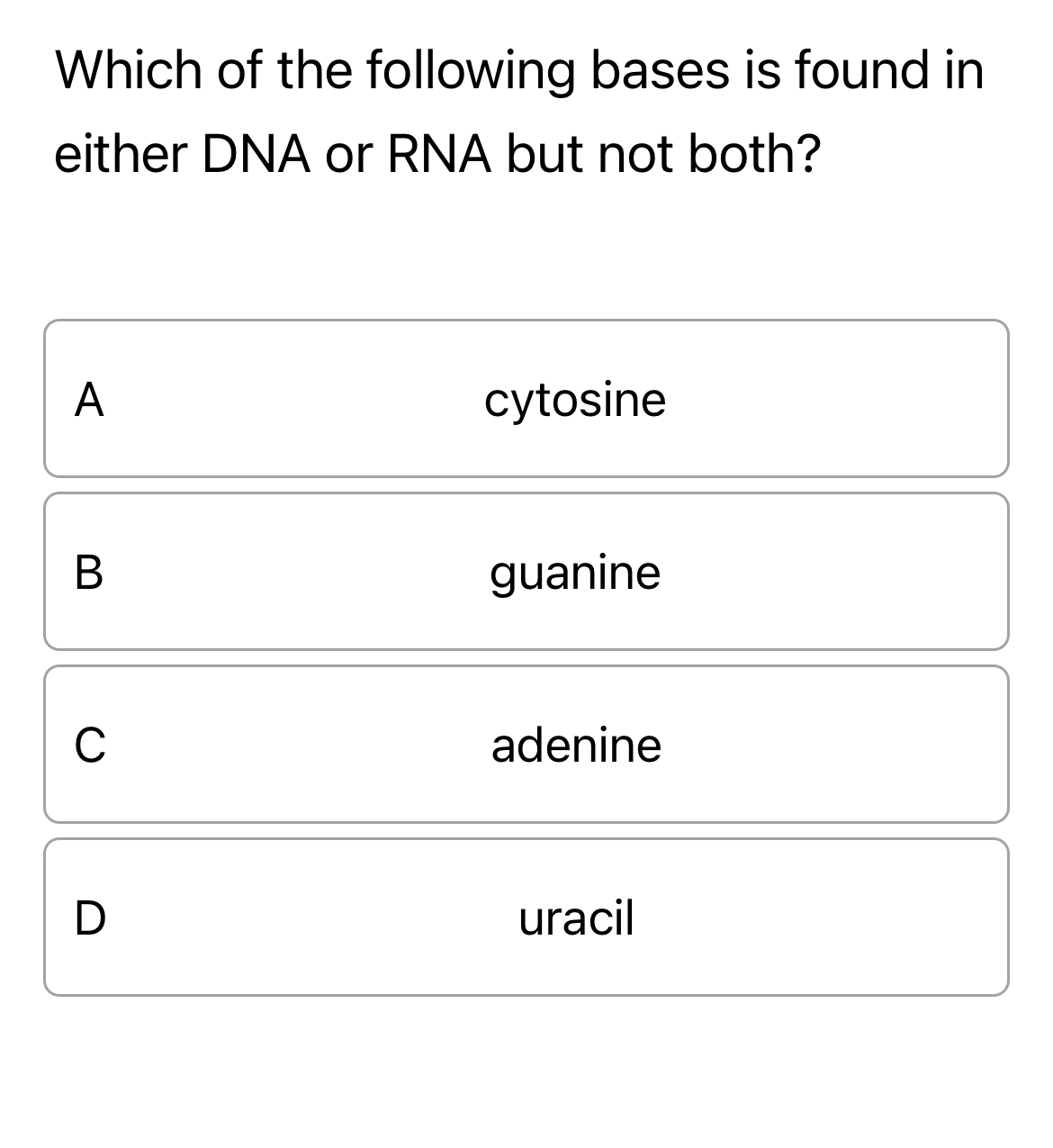 Solved Which of the following bases is found in either DNA | Chegg.com