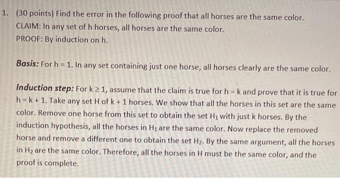 Solved 1. (30 points) Find the error in the following proof | Chegg.com