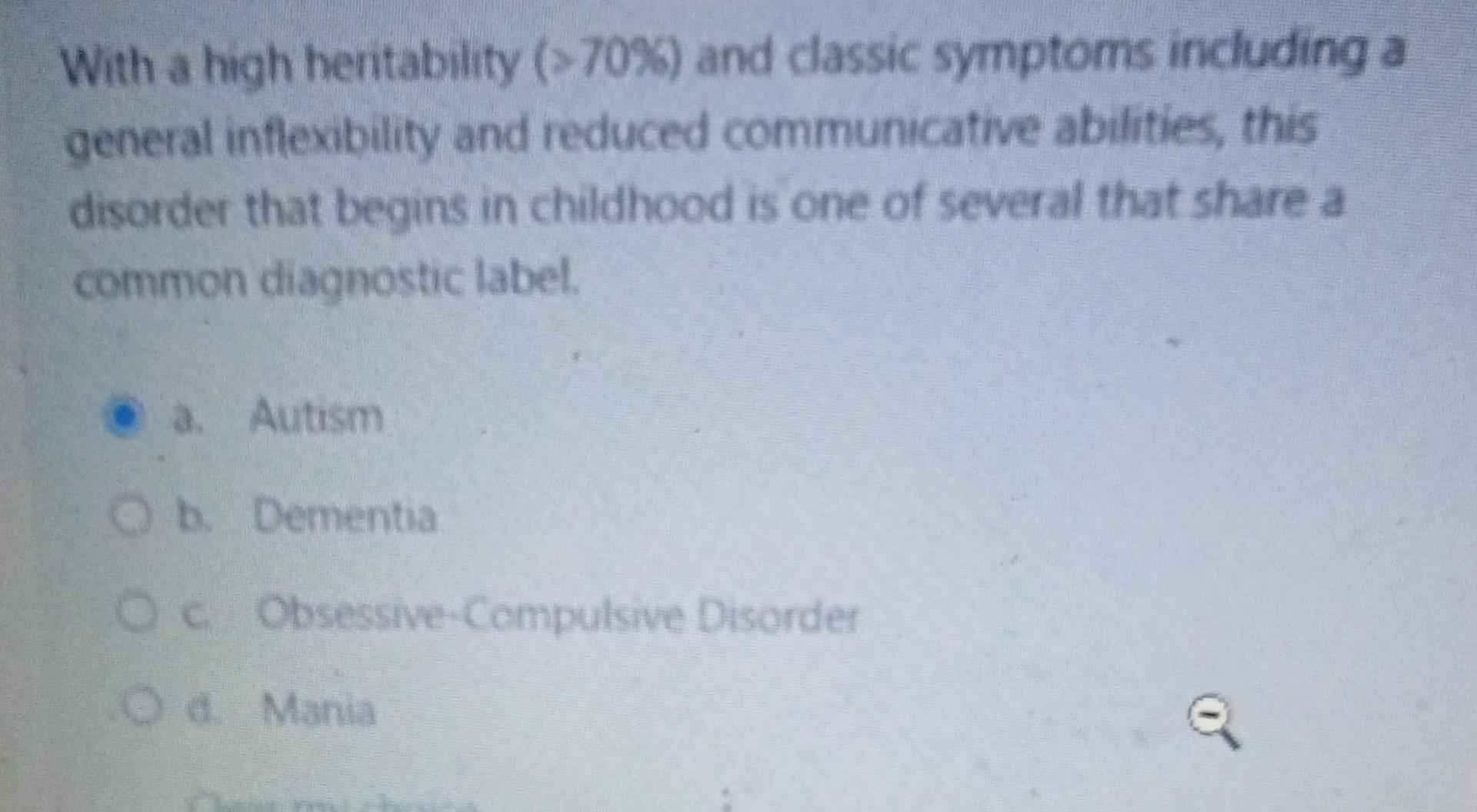 Solved With a high heritability (>70%) and classic symptoms | Chegg.com