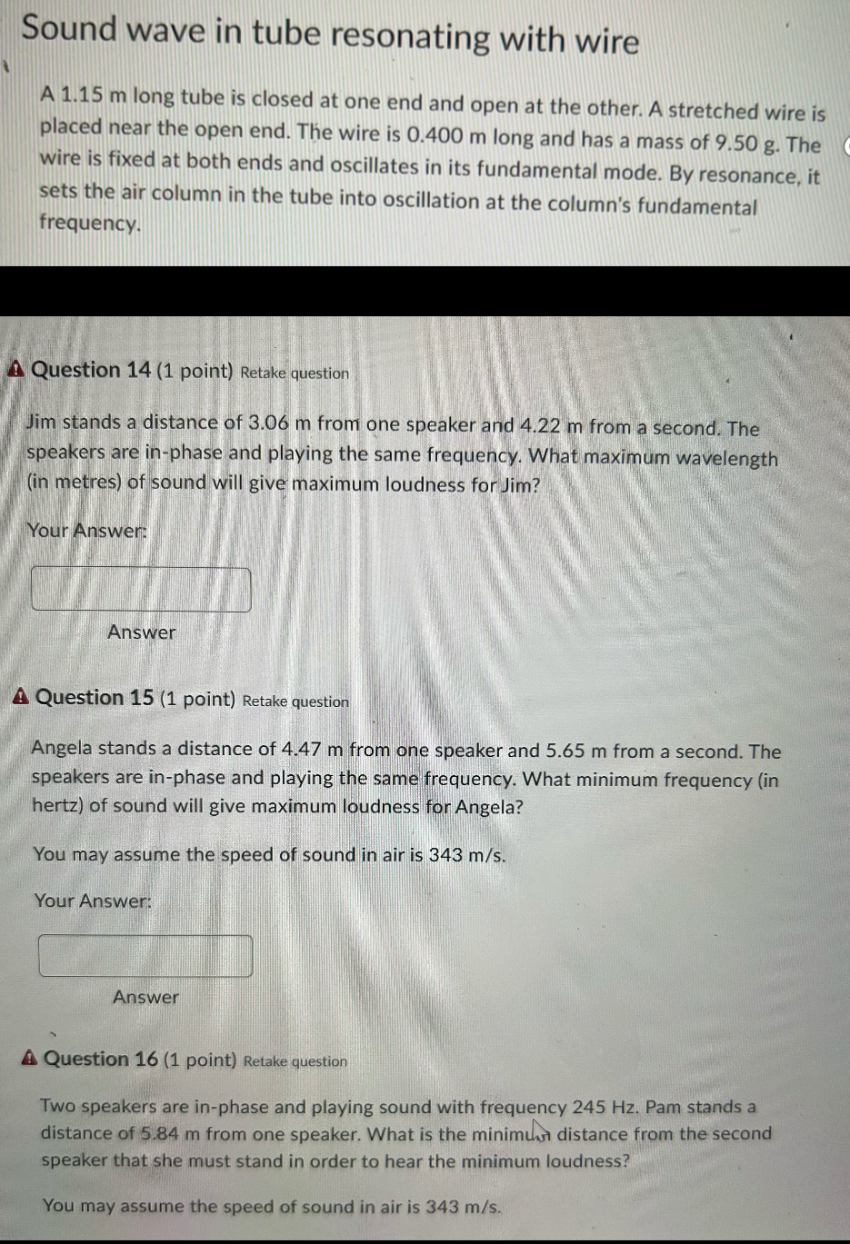 Solved Sound wave in tube resonating with wireA 1.15m ﻿long | Chegg.com