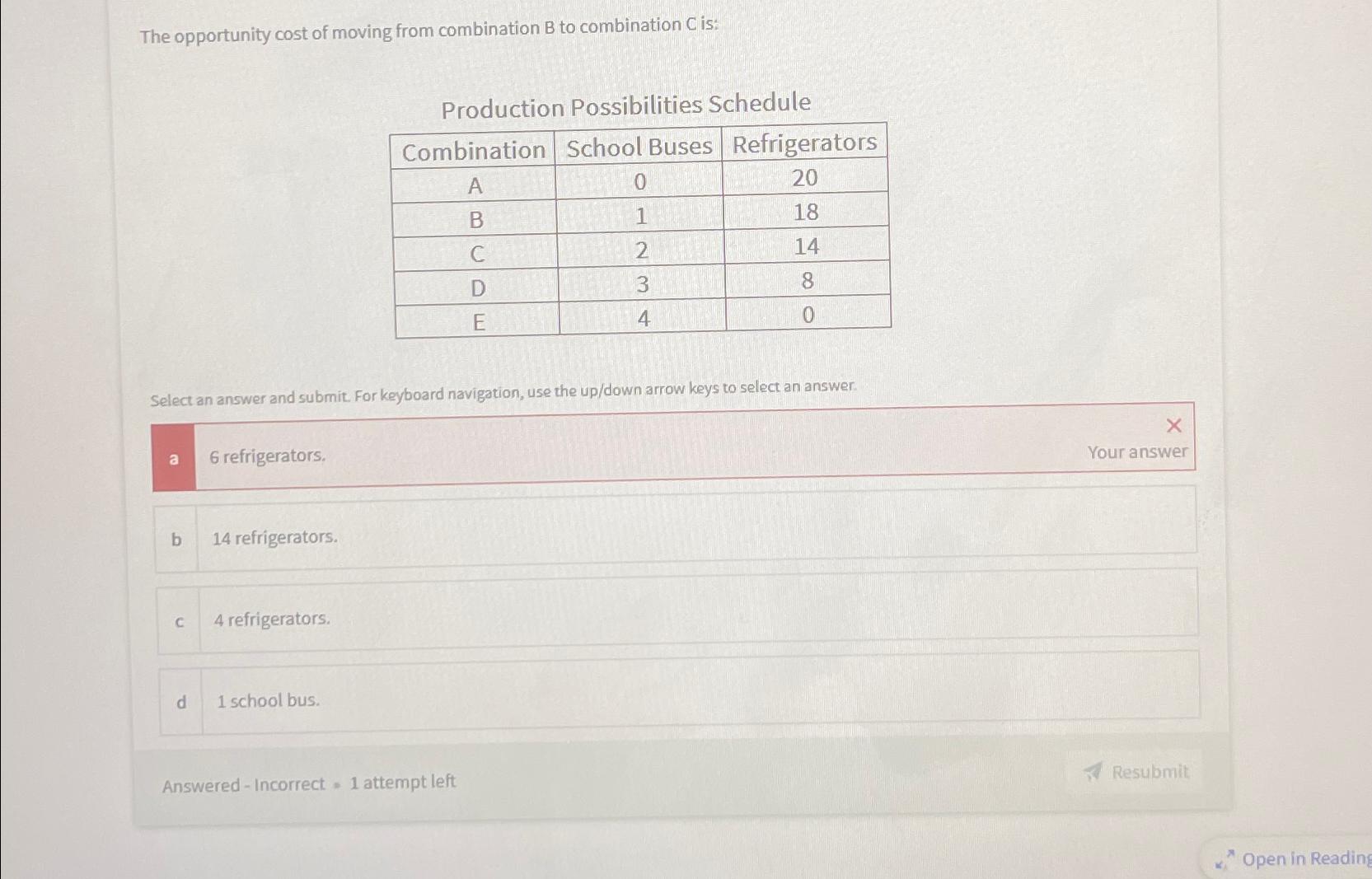 Solved The opportunity cost of moving from combination B to | Chegg.com