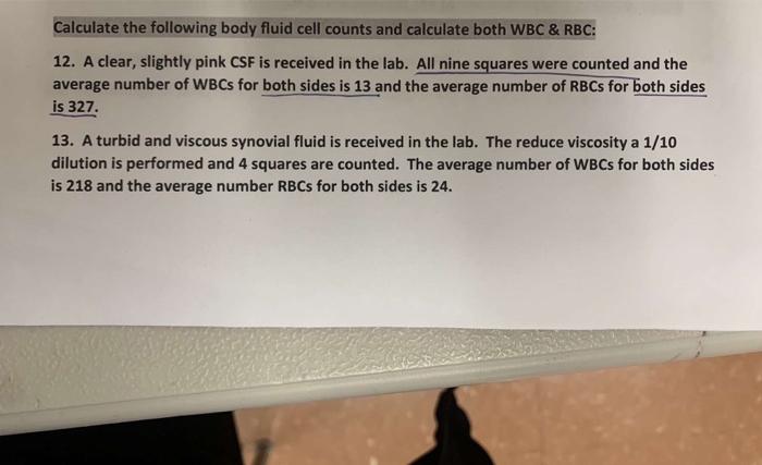 Solved Calculate the following body fluid cell counts and | Chegg.com