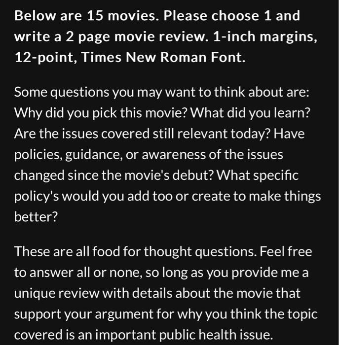 Solved Below are 15 movies. Please choose 1 and write a 2 | Chegg.com