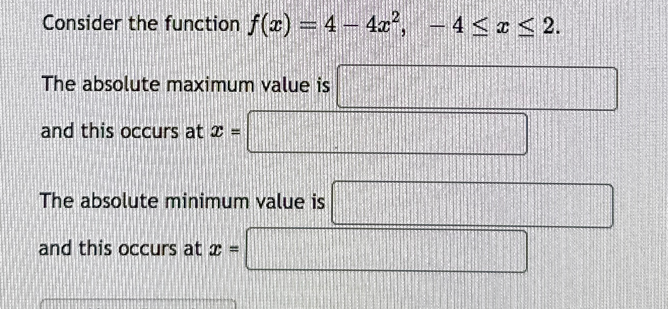 Solved Consider the function f(x)=4-4x2,-4≤x≤2.The absolute | Chegg.com