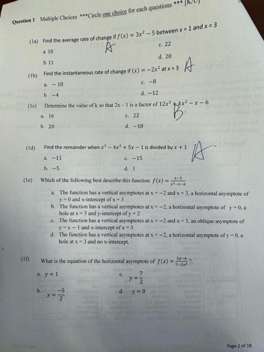 Solved Question 1 Multiple Choices ***Circle one choice for | Chegg.com