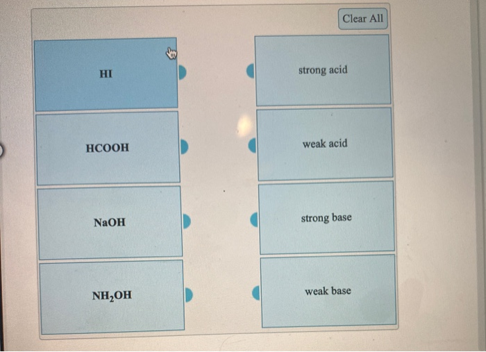 Solved Clear All HI strong acid HCOOH weak acid NaOH strong | Chegg.com