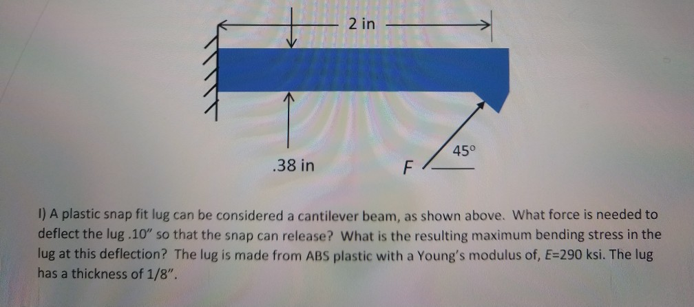 Solved 2 in 45° .38 in F 1) A plastic snap fit lug can be | Chegg.com