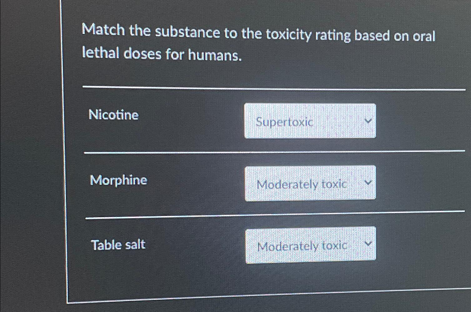 Solved Match the substance to the toxicity rating based on | Chegg.com