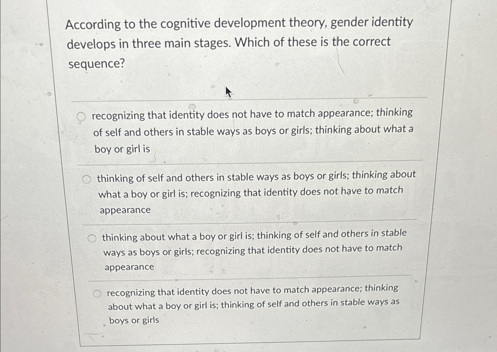 Solved According to the cognitive development theory, gender | Chegg.com