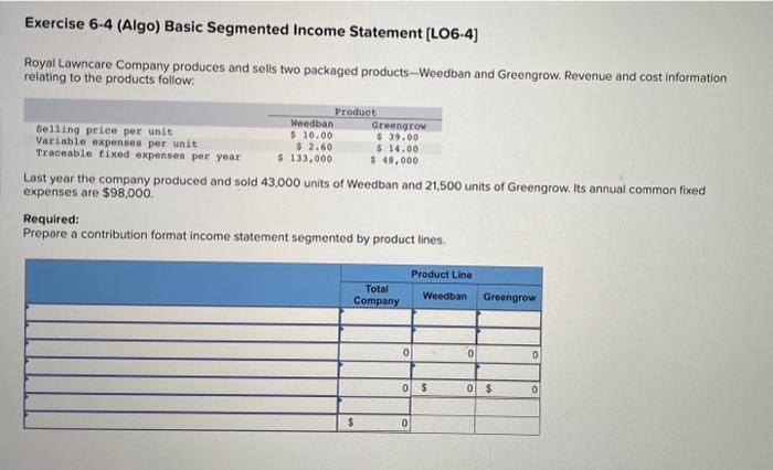 Solved Exercise 6-4 (Algo) Basic Segmented Income Statement | Chegg.com