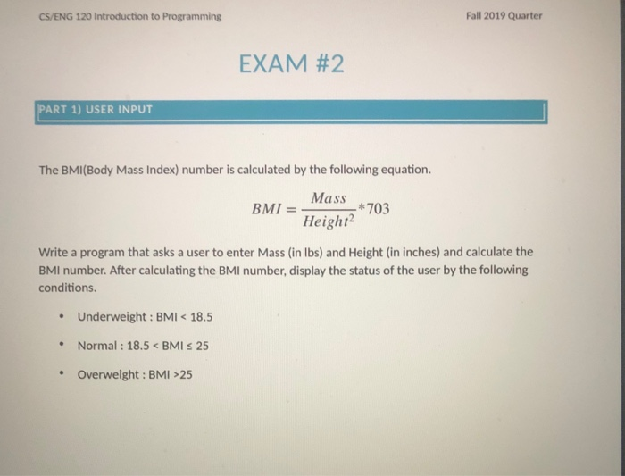 Solved CS/ENG 120 Introduction to Programming Fall 2019 | Chegg.com