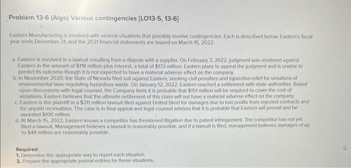 Solved Problem 13-6 (Algo) Various contingencies [LO13-5, | Chegg.com