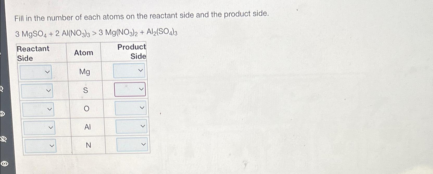 Solved Fill in the number of each atoms on the reactant side | Chegg.com