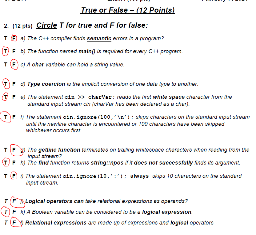 Solved True or False - (12 ﻿Points)2. (12 ﻿pts) ﻿Circle \( | Chegg.com