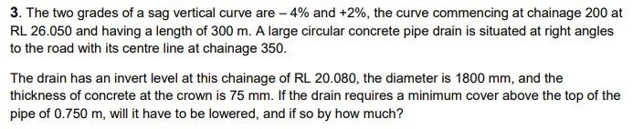 Solved 3. The two grades of a sag vertical curve are −4% and | Chegg.com