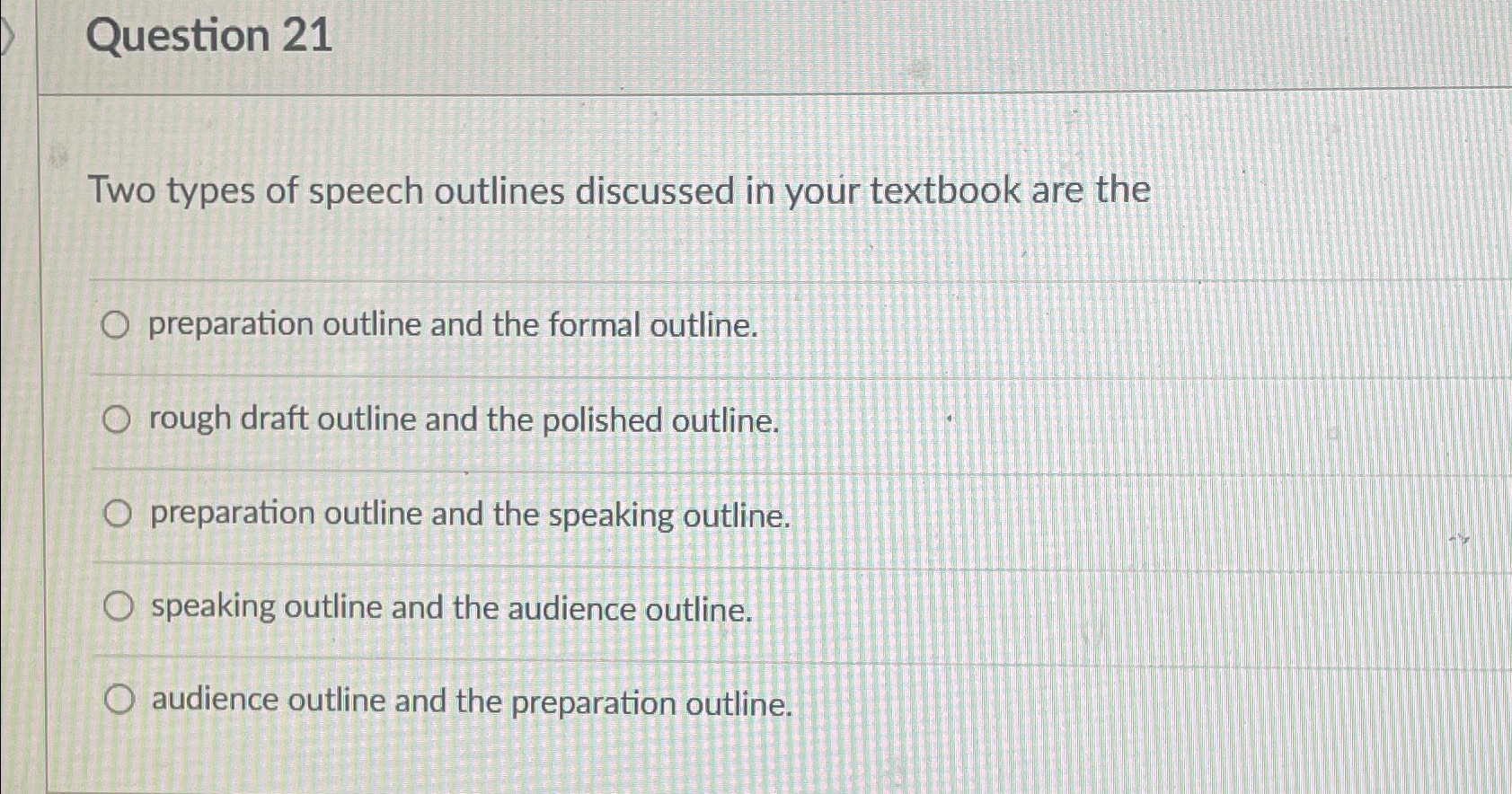 Solved Question 21Two types of speech outlines discussed in | Chegg.com