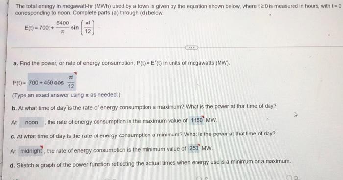 Solved The total energy in megawatt-hr (MWh) used by a town | Chegg.com