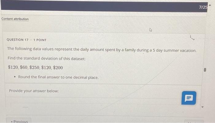 Solved QUESTION 17 - 1 POINT The following data values | Chegg.com