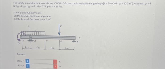 Solved The simply supported beam consists of a W10 ×30 | Chegg.com
