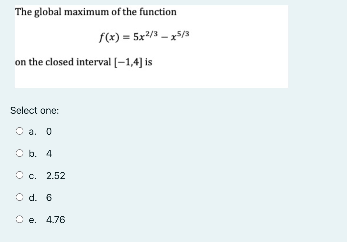 Solved The global maximum of the functionf(x)=5x23-x53on the | Chegg.com