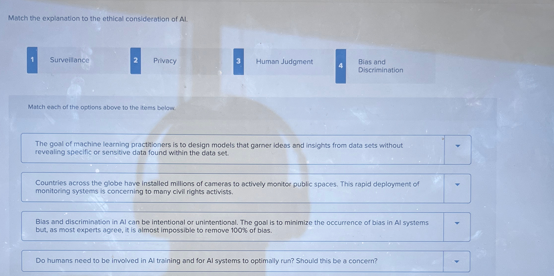 Solved Match the explanation to the ethical consideration of | Chegg.com
