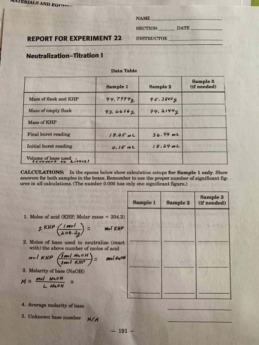 Solved RIALS AND EOT- NAME SECTION DATE REPORT FOR | Chegg.com