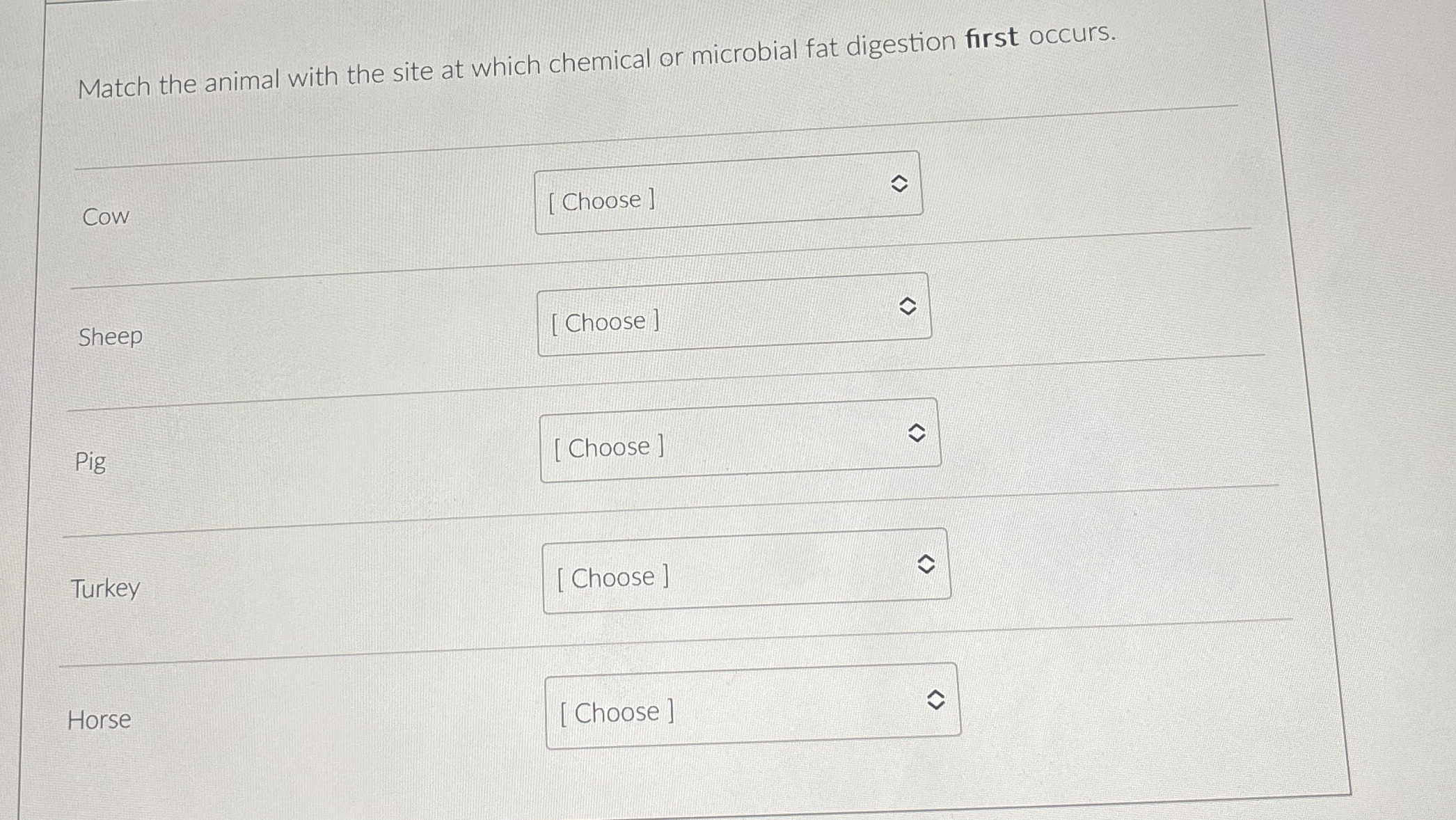 Solved Match the animal with the site at which chemical or | Chegg.com