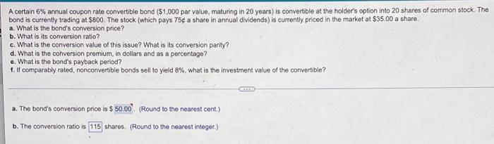 Solved A certain 6% annual coupon rate convertible bond | Chegg.com