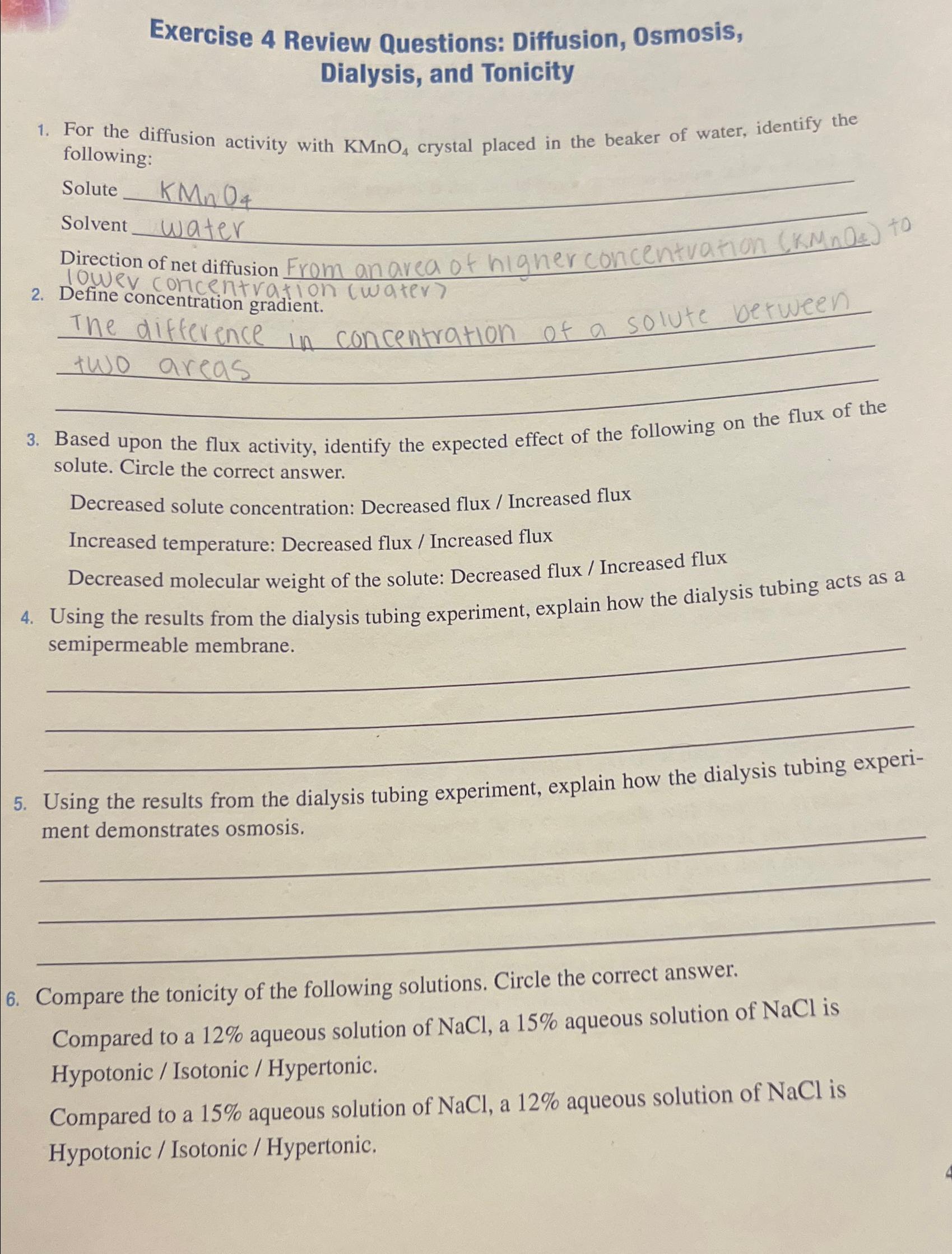 Solved Exercise 4 ﻿Review Questions: Diffusion, 0smosis, | Chegg.com