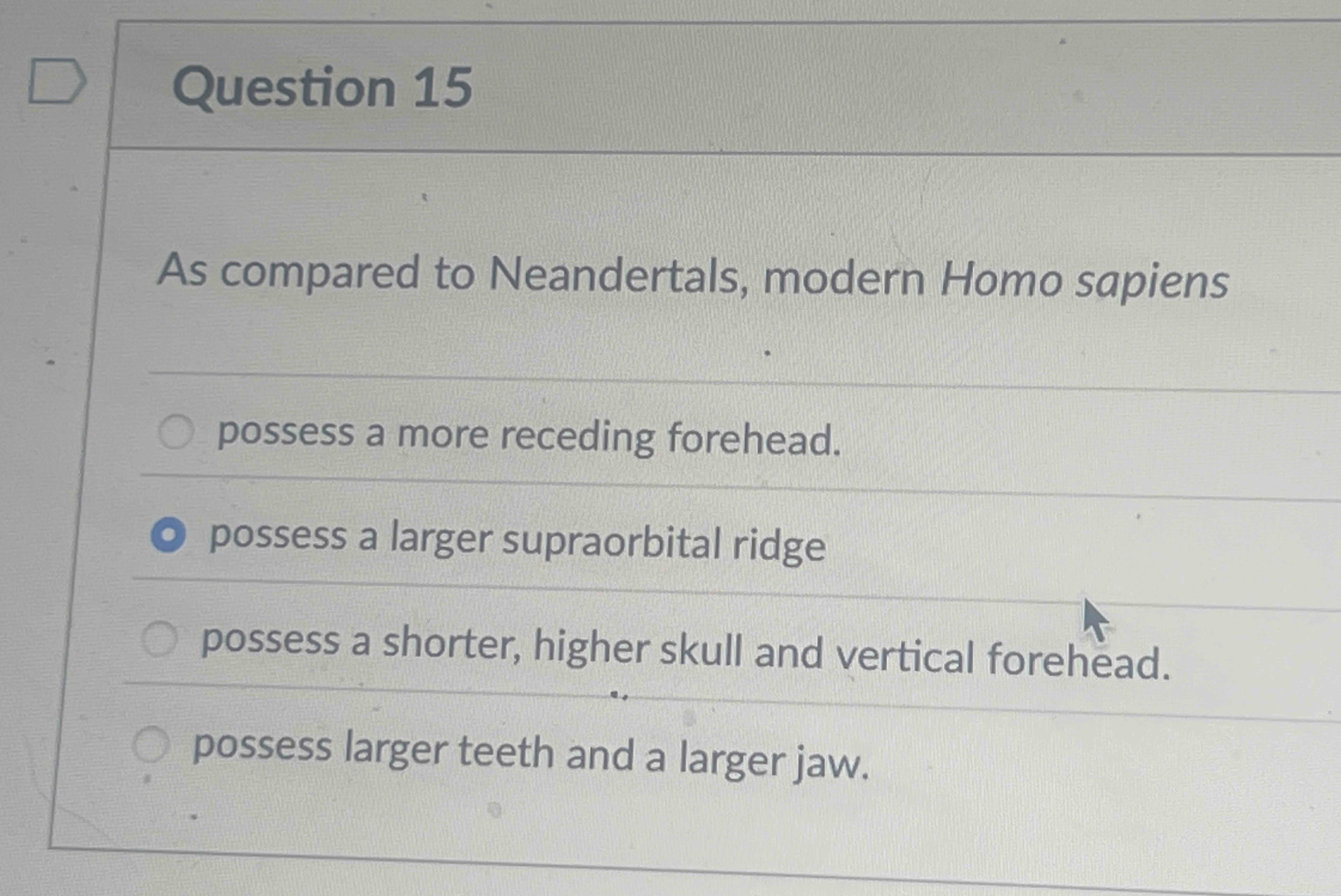 Solved Question 15As compared to Neandertals, modern Homo | Chegg.com