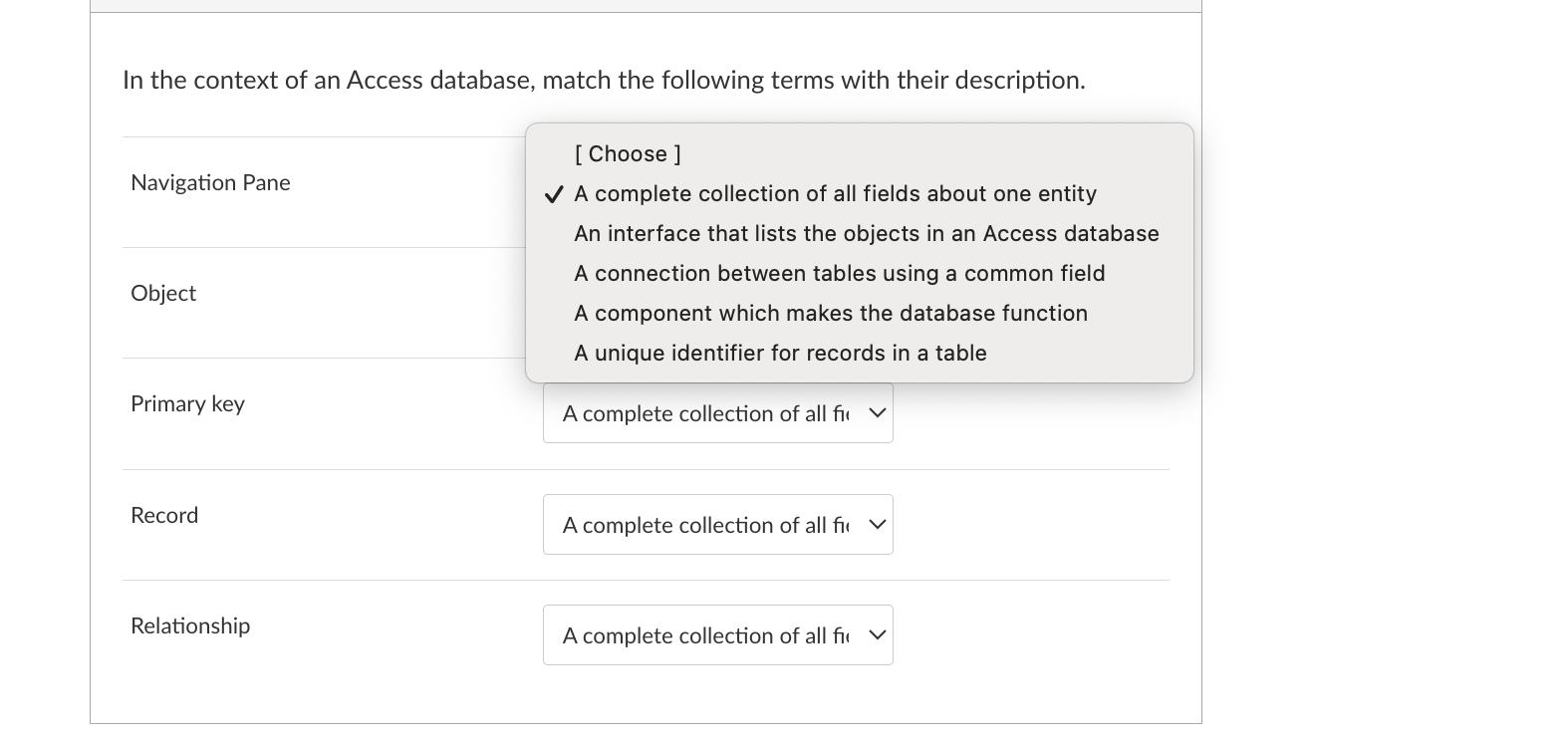 In the context of an Access database, match the | Chegg.com