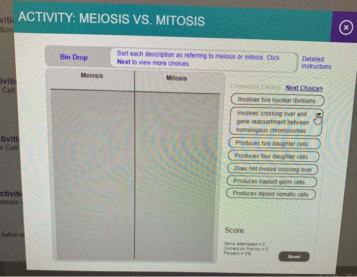 Solved iti. ACTIVITY: MEIOSIS VS. MITOSIS Bin Drop Sort each | Chegg.com