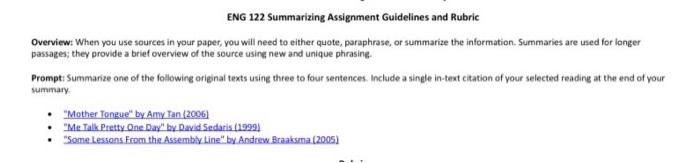 ENG 122 Summarizing Assignment Guidelines and Rubric | Chegg.com