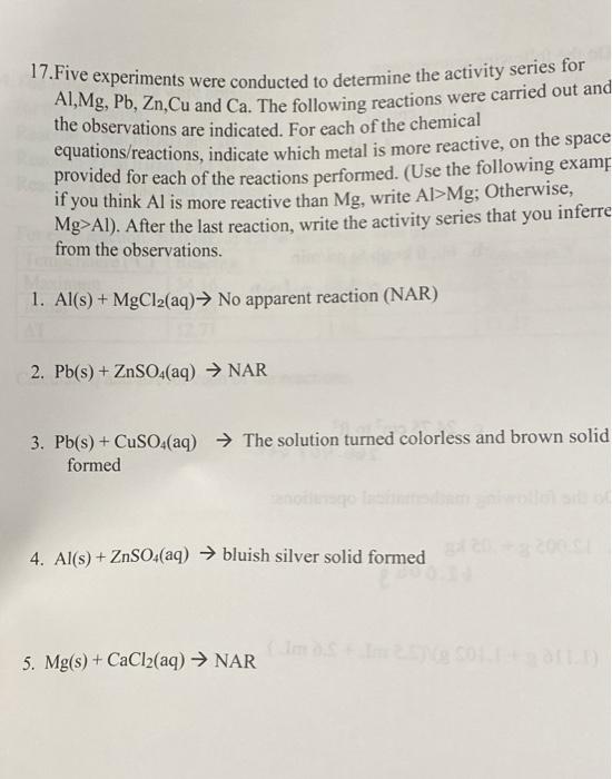 Solved 17.Five experiments were conducted to determine the | Chegg.com