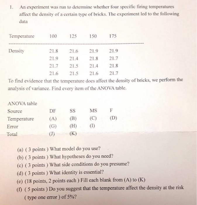 Solved 1. An experiment was run to determine whether four | Chegg.com