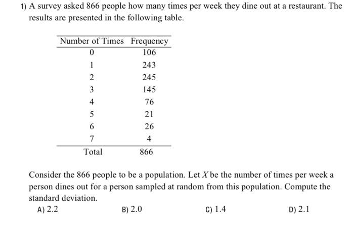 Solved 1) A survey asked 866 people how many times per week | Chegg.com