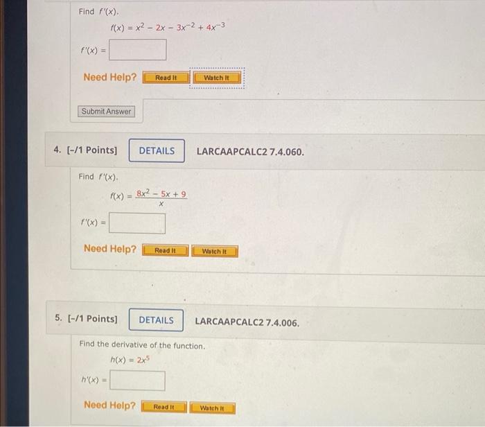 Solved Find f′(x). f(x)=x2−2x−3x−2+4x−3 f′(x)= 4. [−/1 | Chegg.com