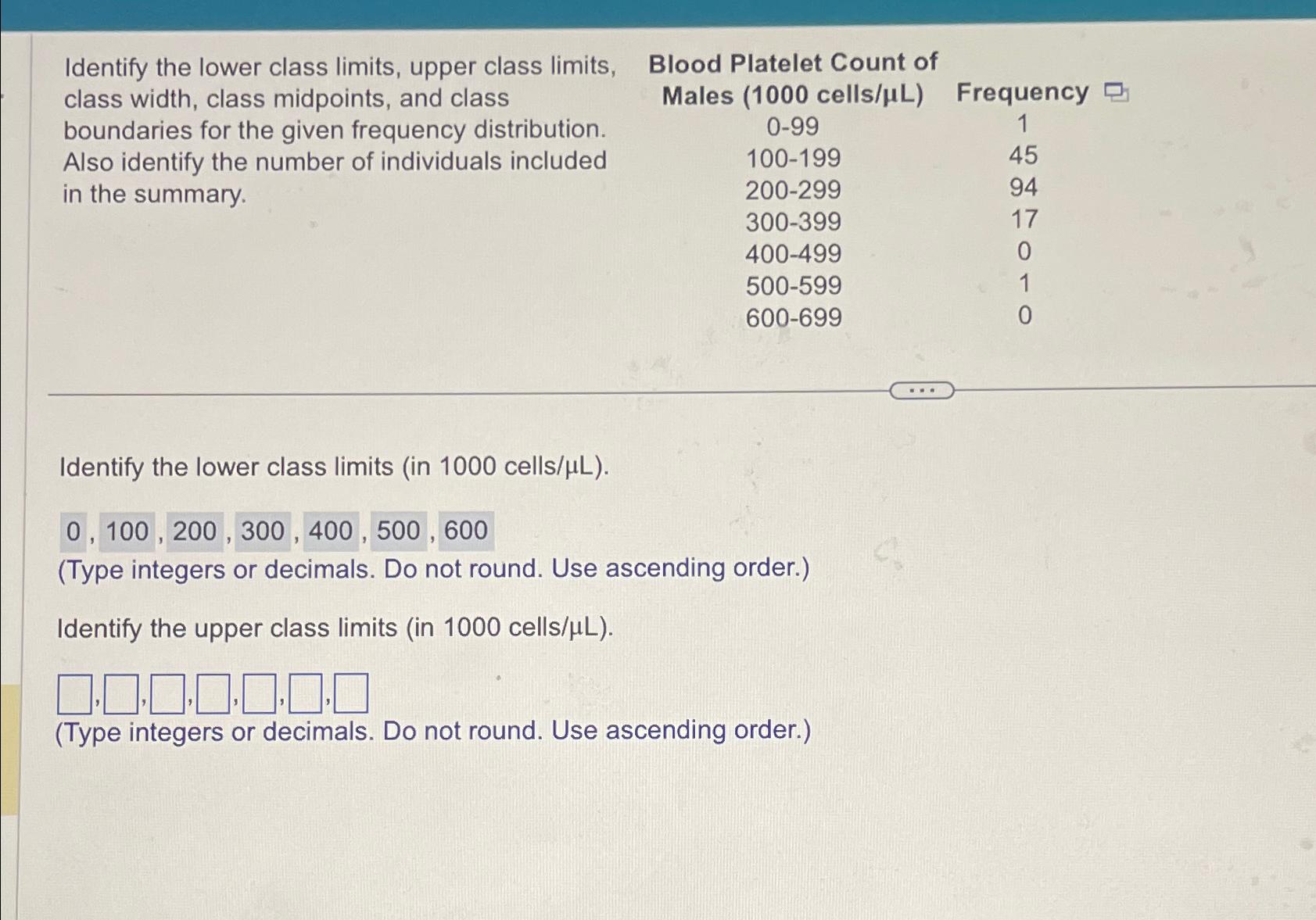 Solved Identify the lower class limits, ﻿upper class limits, | Chegg.com