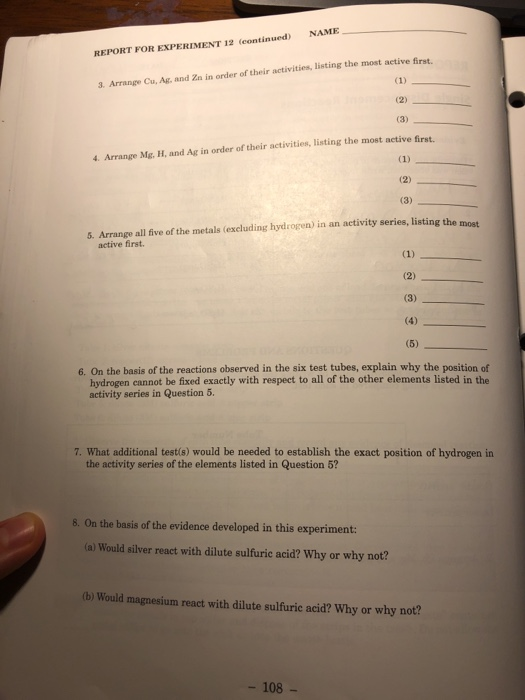 Solved NAME REPORT FOR EXPERIMENT 12 (continued) 3. Arrange | Chegg.com