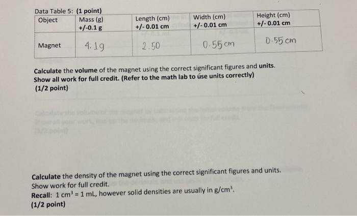 Solved Data Table 5: (1 point) Object Mass (8) +/-0.1 g | Chegg.com