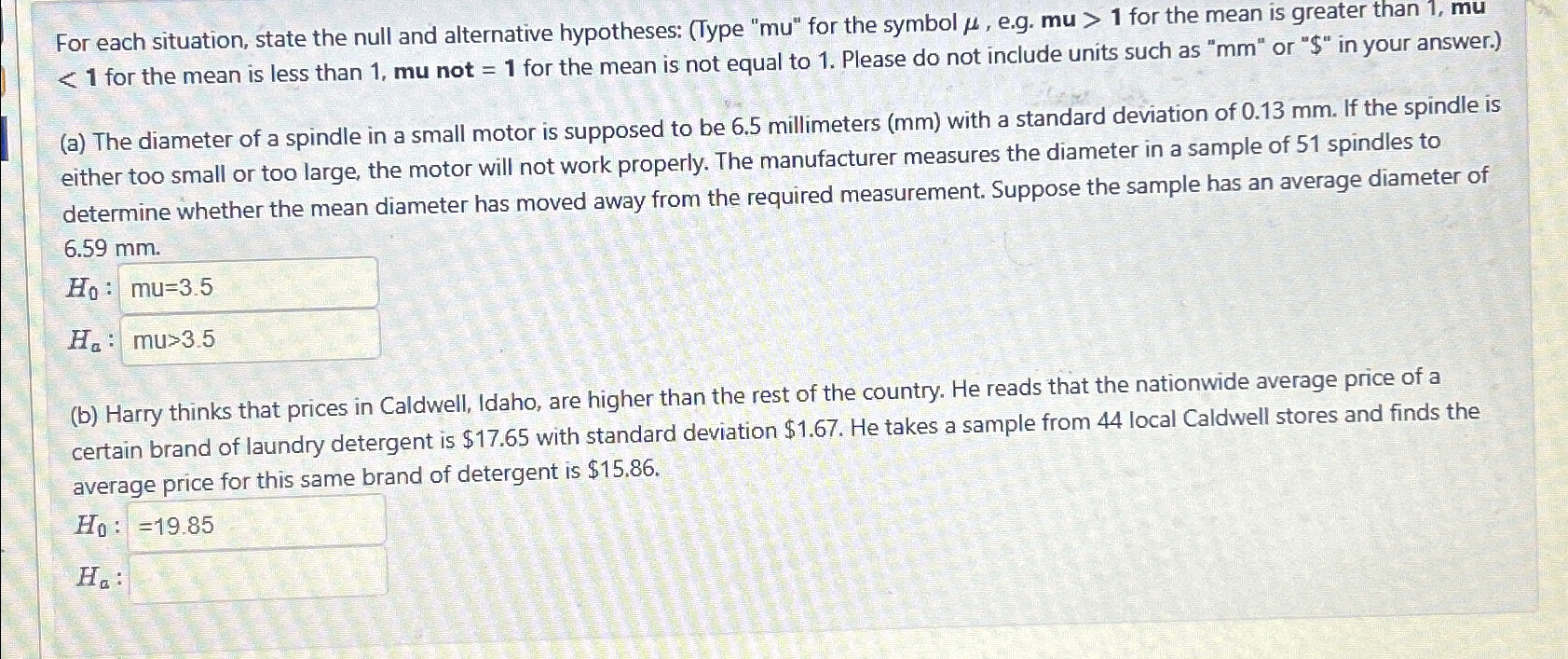 Solved For each situation, state the null and alternative | Chegg.com