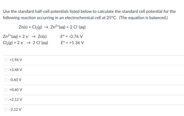 Solved Use the standard half-cell potentials listed below to | Chegg.com